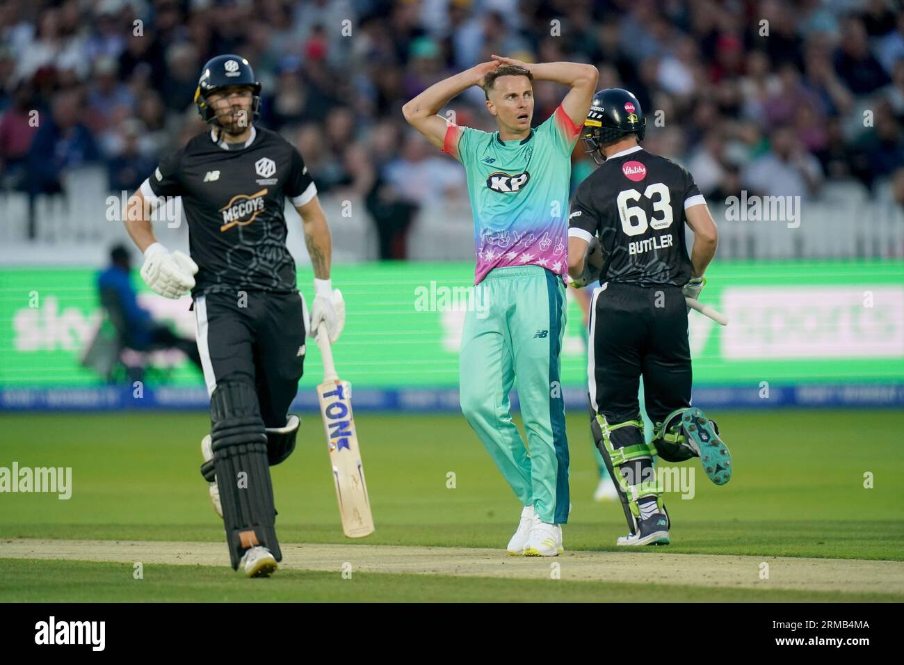 Oval Invincibles' Tom Curran reacts during The Hundred men's final at ...