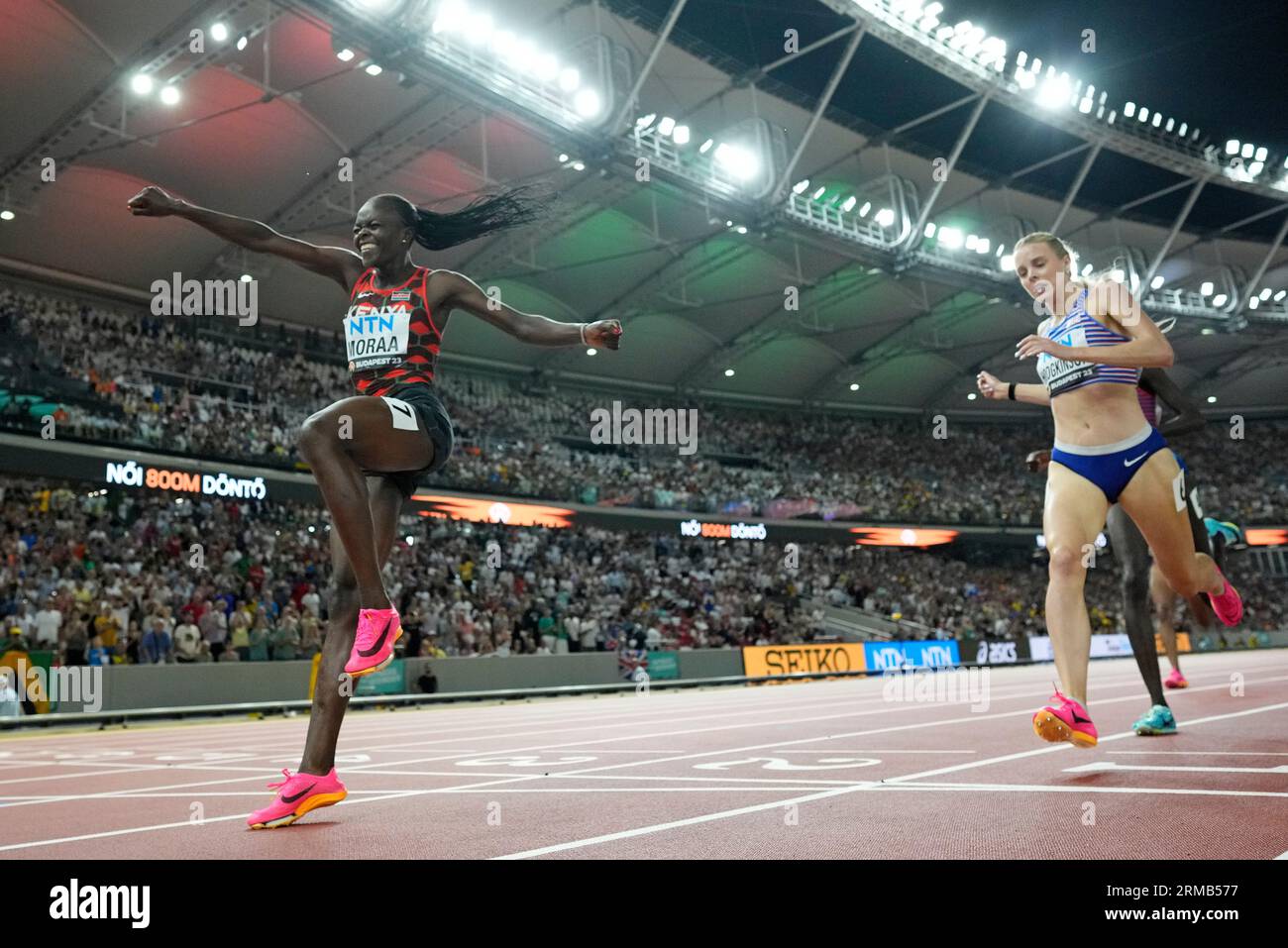 Mary Moraa, of Kenya celebrates as she wins the gold medal ahead of ...