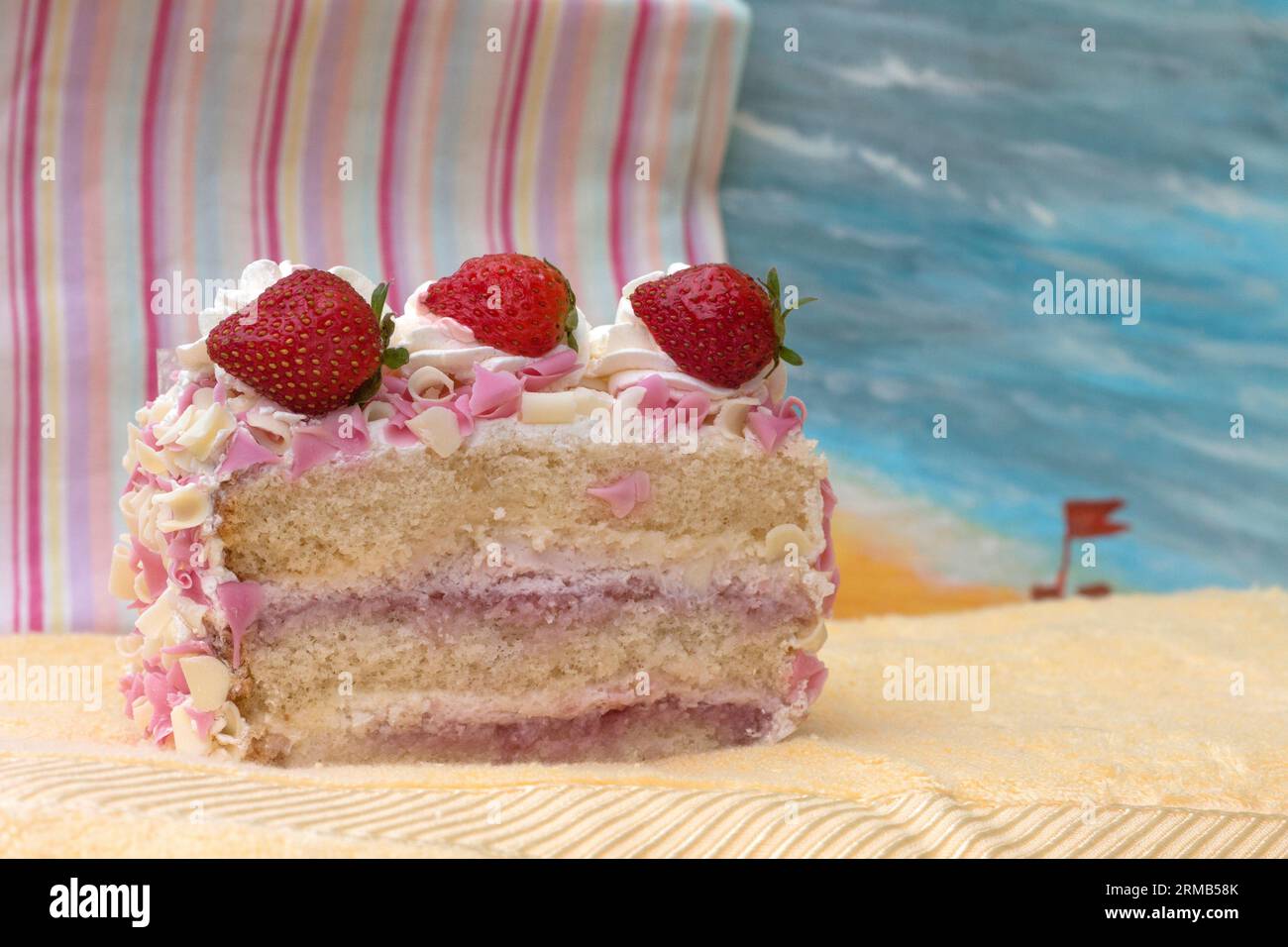 Beach style special pink wedding celebration or birthday cake in summer ...