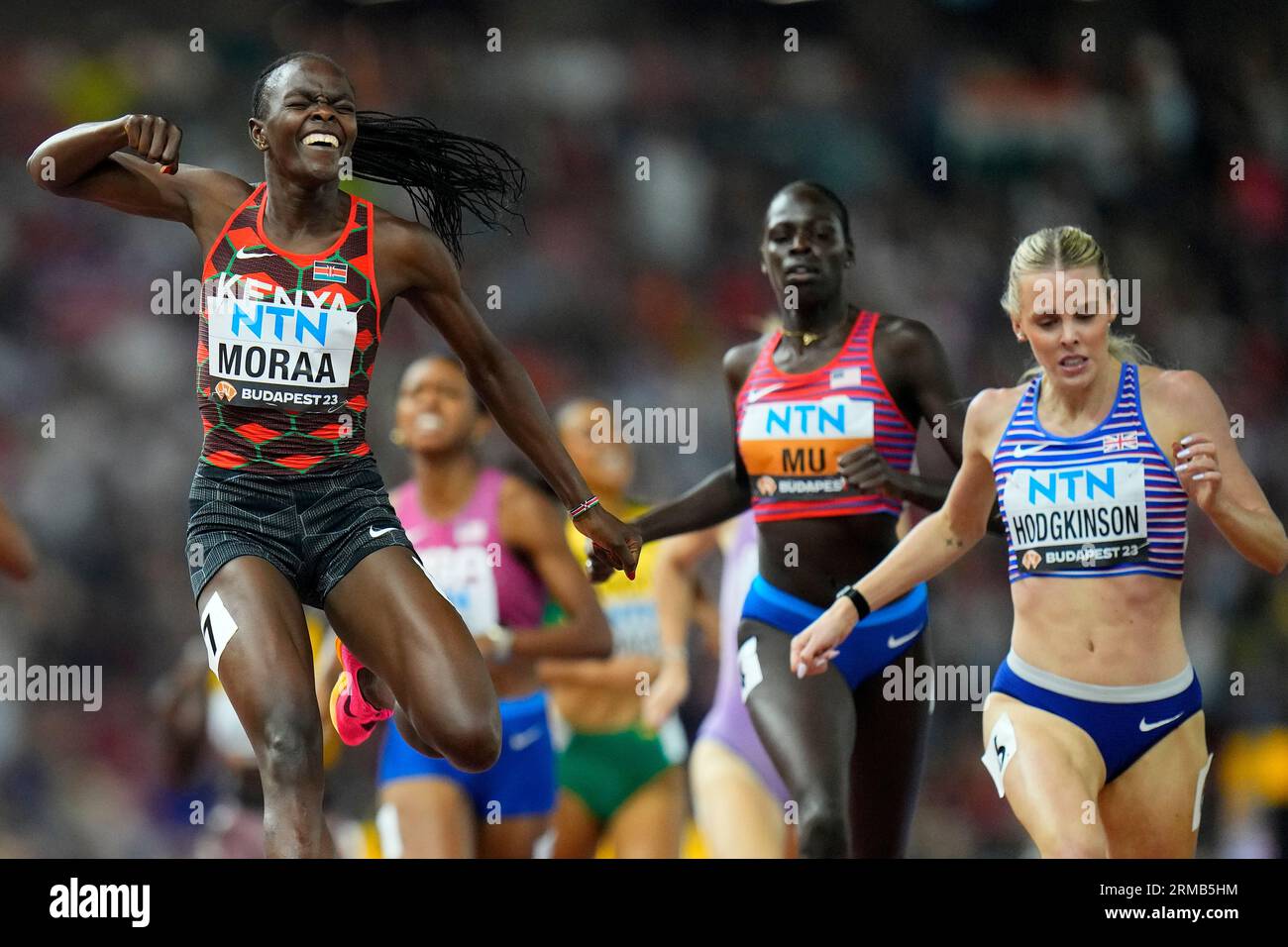 Mary Moraa, of Kenya celebrates as she wins the gold medal ahead of ...