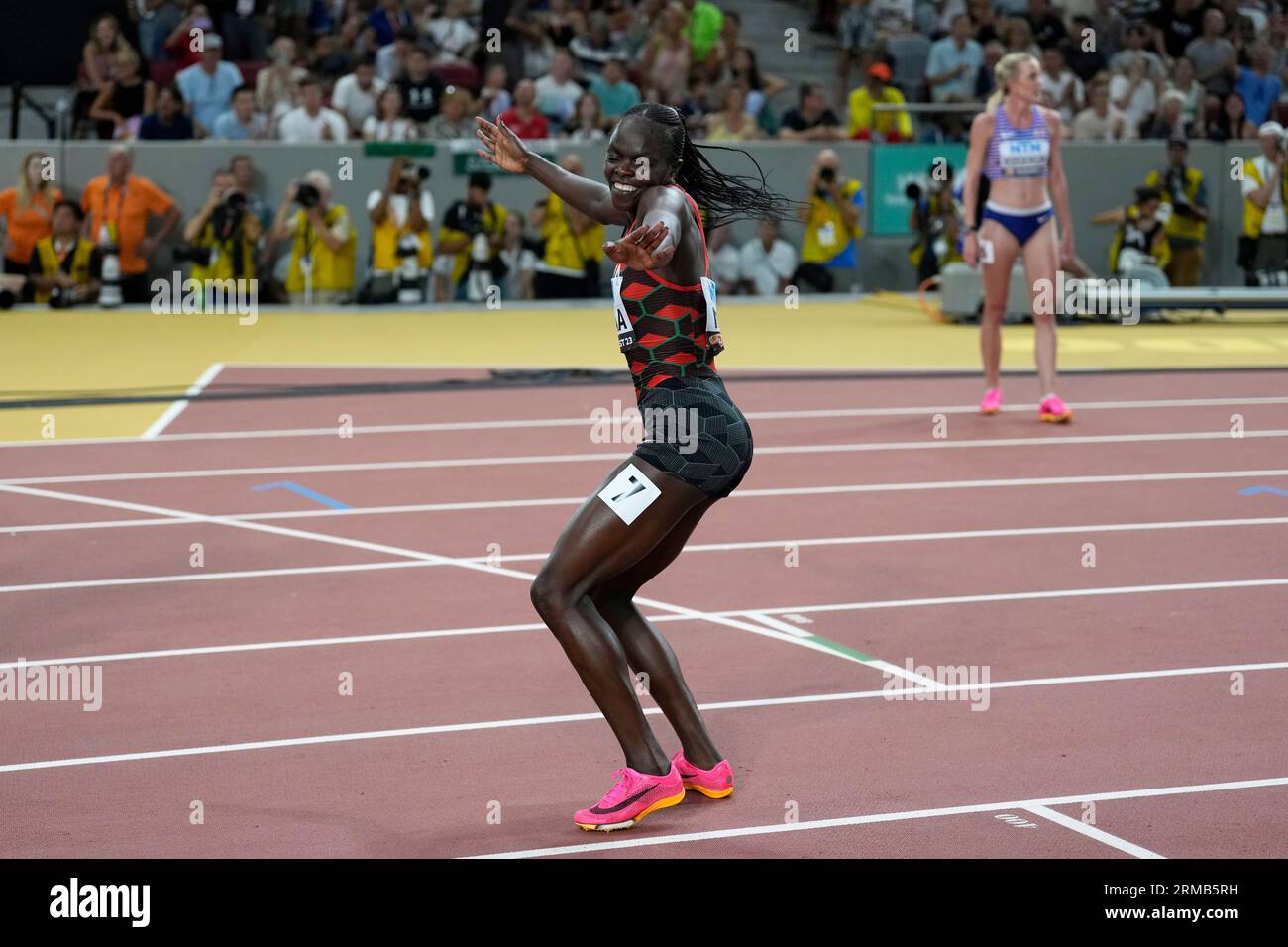 Mary Moraa, of Kenya, celebrates after winning the gold medal in the ...