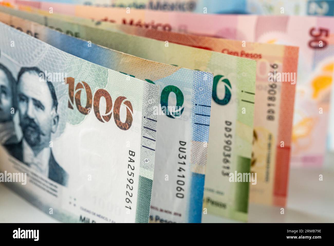 Mexico money, mexican pesos, stacked various banknotes, 1000 pesos ...