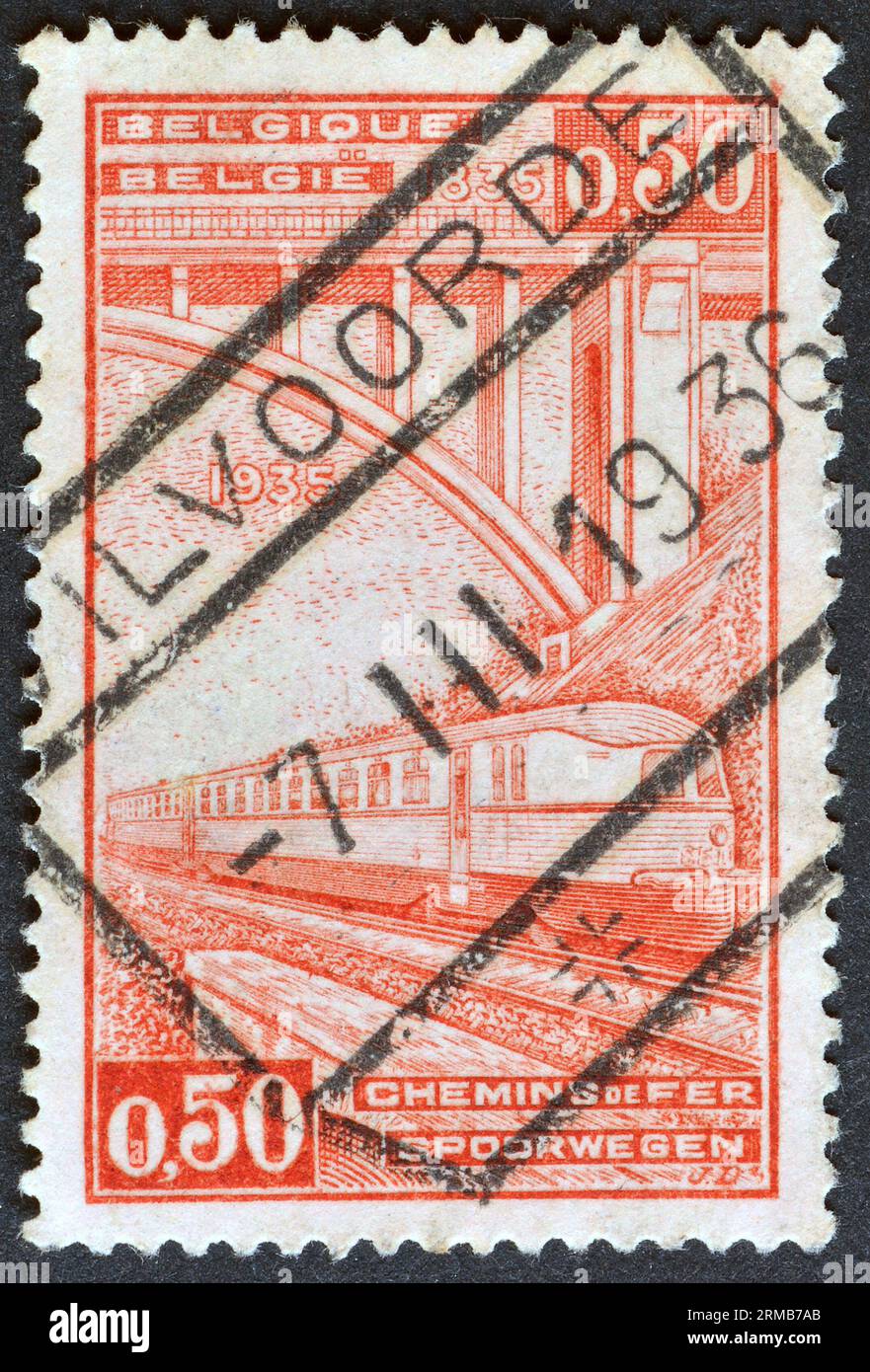 Cancelled postage stamp printed by Belgium, that shows Train, Railway ...