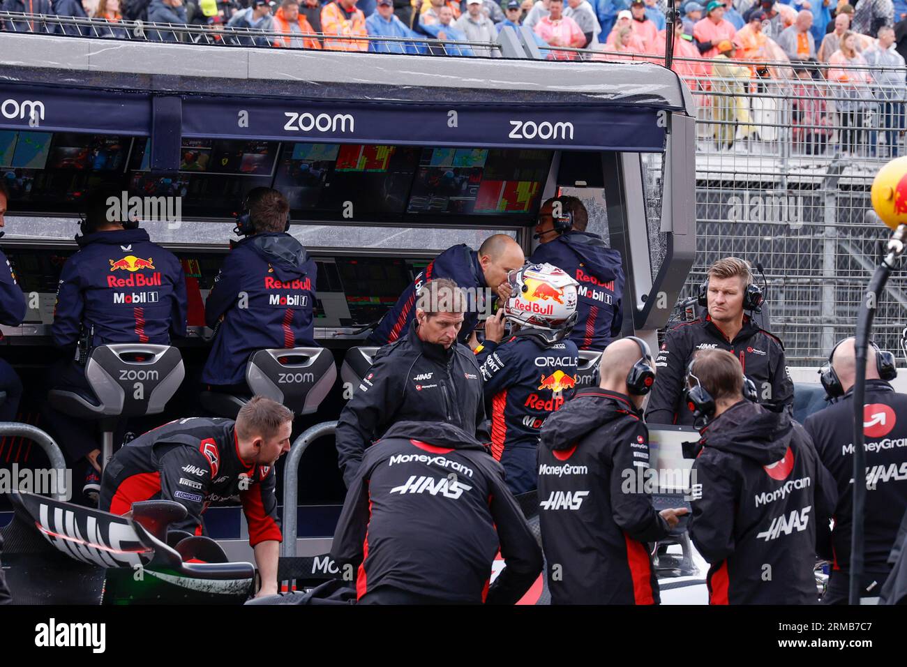 ZANDVOORT, NETHERLANDS - AUGUST 27: Max Verstappen of Oracle Red Bull Racing and his engineer ...