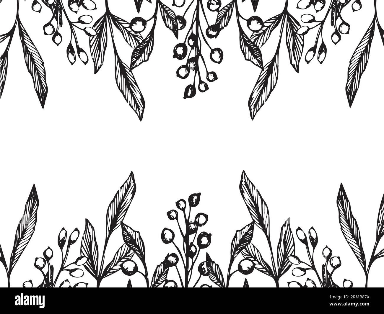 Vector border with leaves and berries. Set of ink hand drawing wild ...
