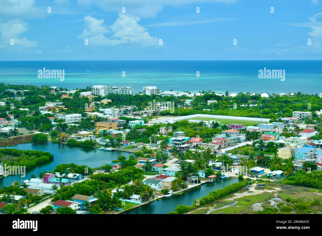A view from a small plane of San Pedro, Ambergris Caye, Belize. The ...