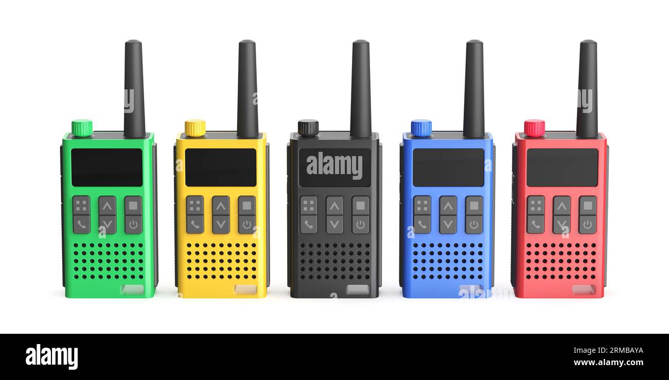 Set of five handheld transceivers with different colors on white ...