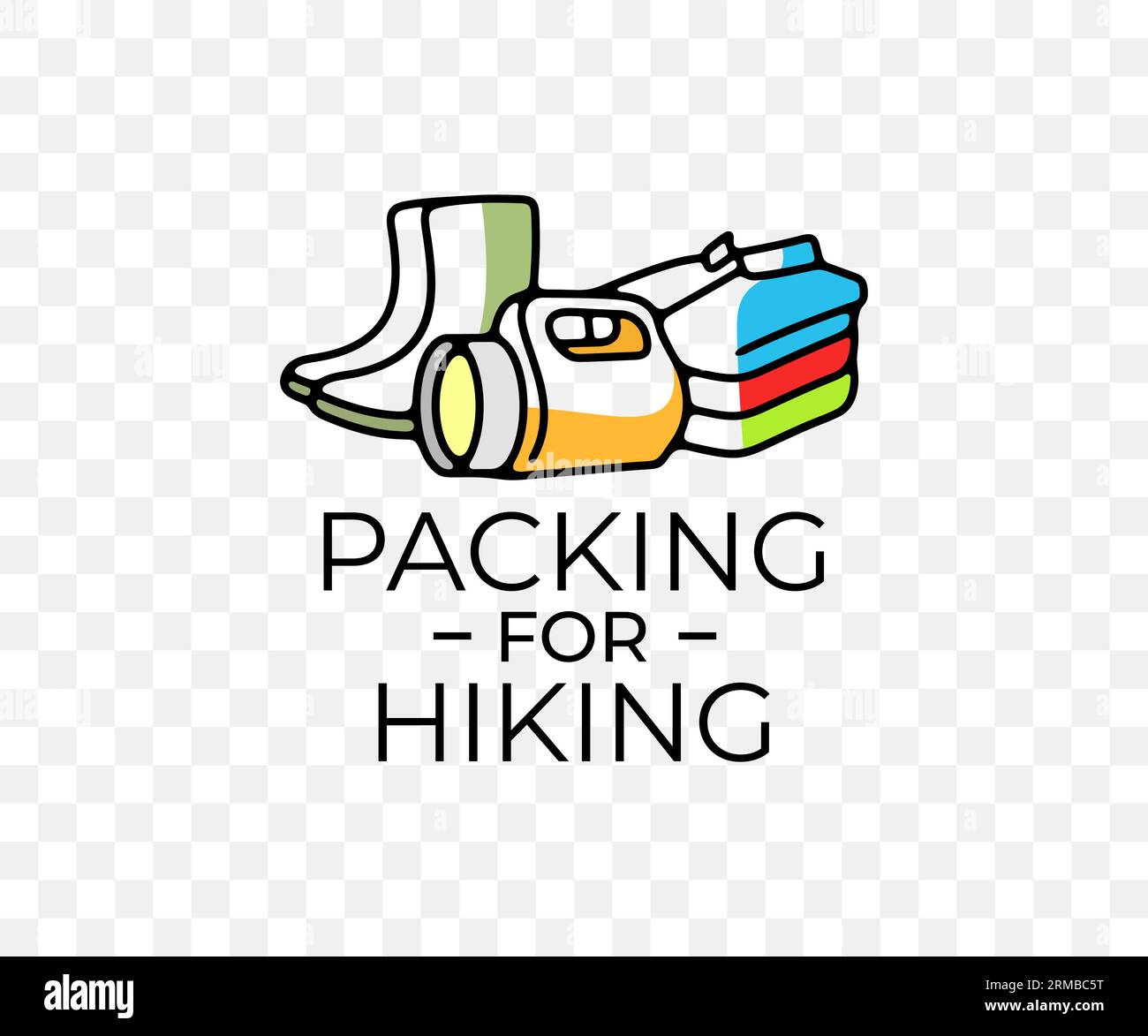 Packing for hiking, shoes, clothes and flashlight, colored graphic ...