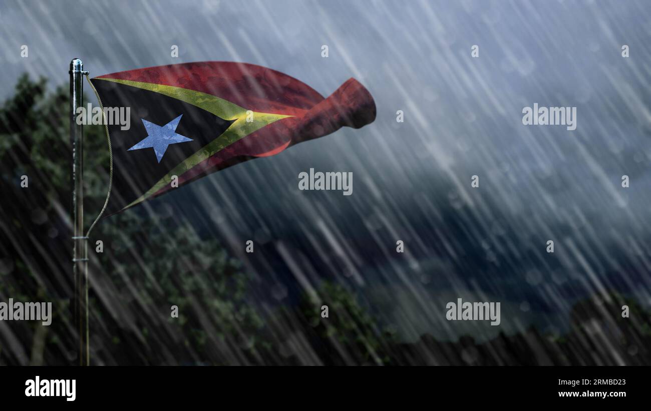 flag of Timor Leste with rain and dark clouds, storm forecast symbol ...
