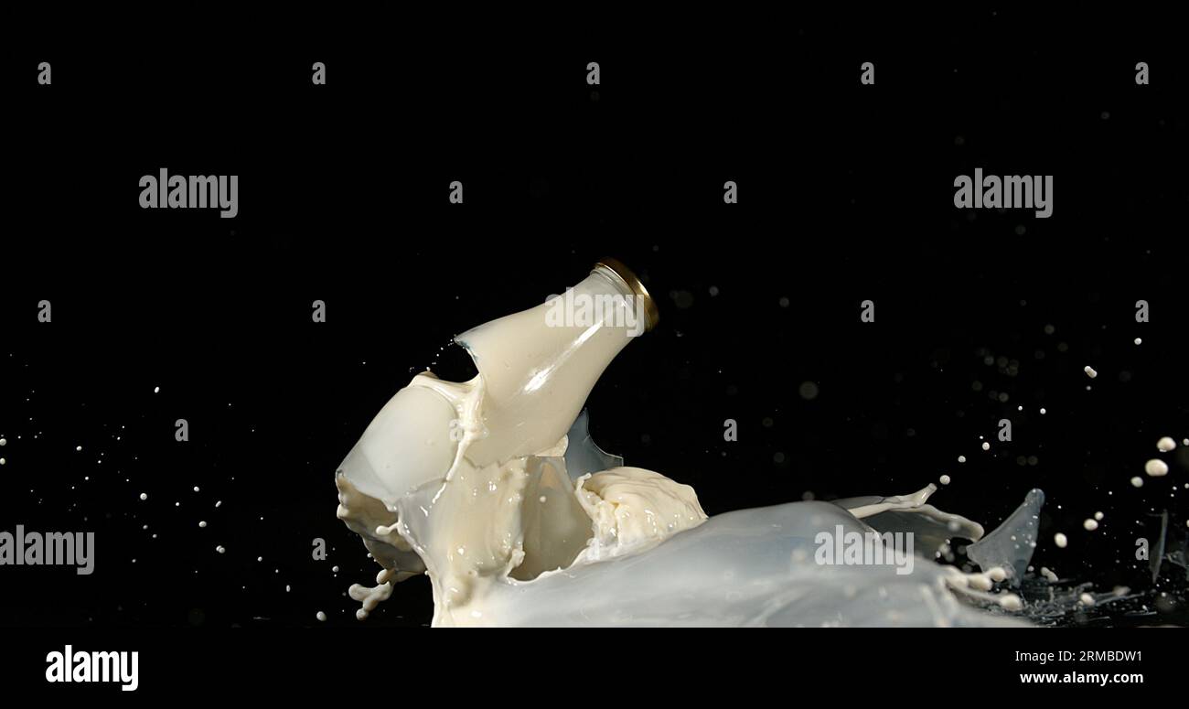 Bottle of Milk Exploding against Black Background Stock Photo - Alamy