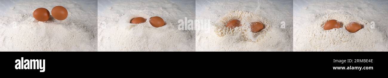 Egg Falling into Flour against White Background Stock Photo - Alamy