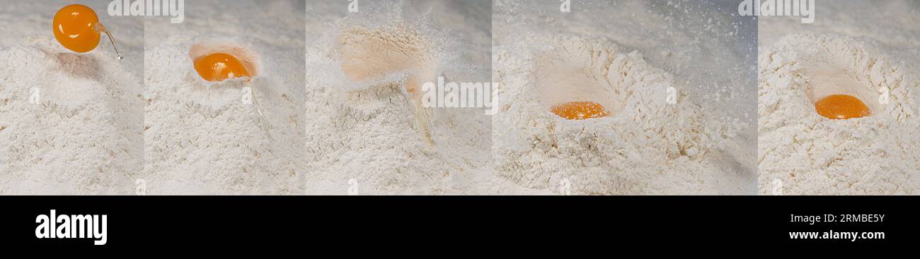 Egg Falling into Flour against White Background Stock Photo - Alamy