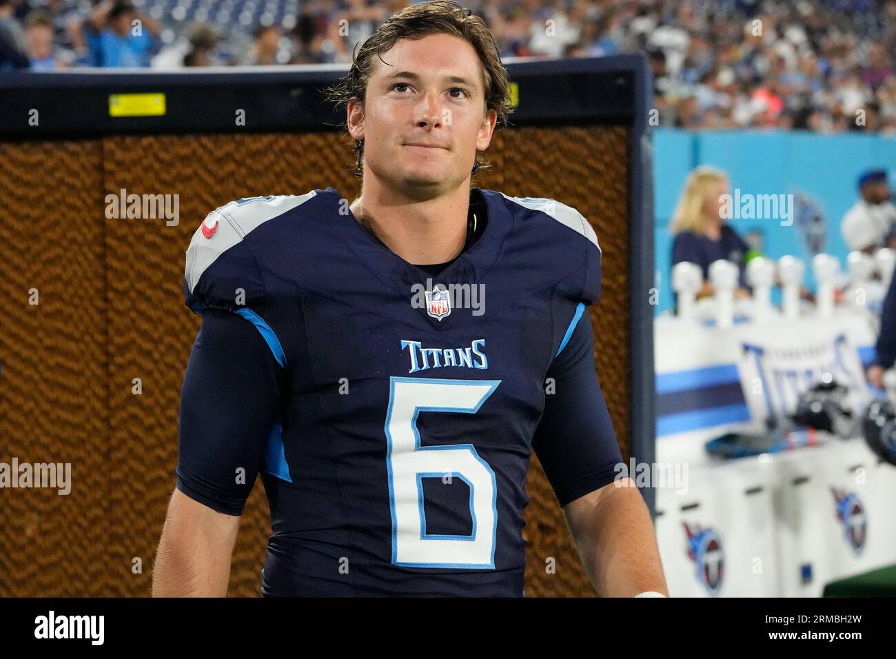 Tennessee Titans place-kicker Michael Badgley (6) stands on the ...