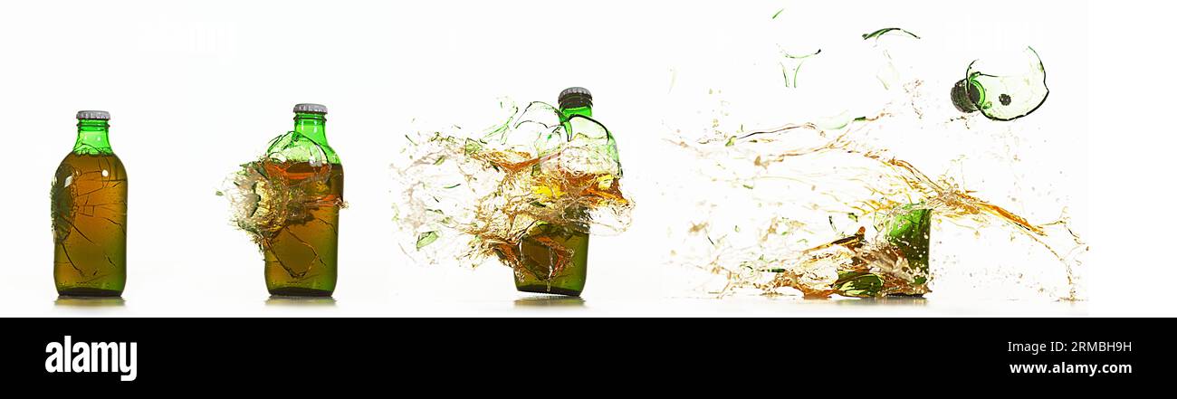 Bottle of Beer Breaking and Splashing against White Background Stock ...