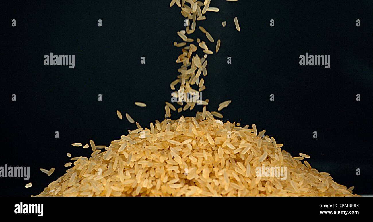 Rice falling against Black Background Stock Photo - Alamy