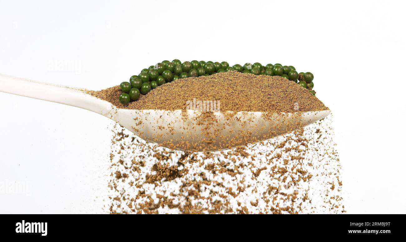 Fresh green pepper, piper nigrum, spice falling in pepper ground on ...