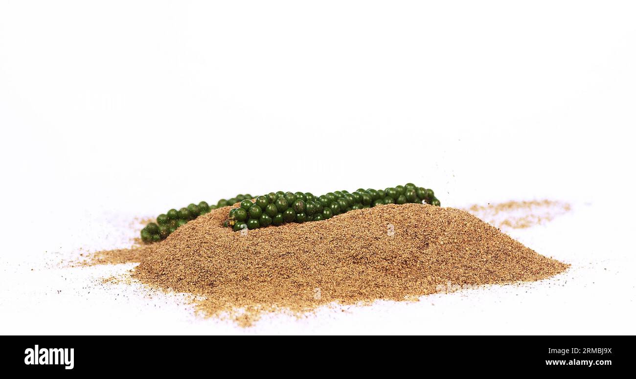 Fresh green pepper, piper nigrum, spice falling in pepper ground on ...