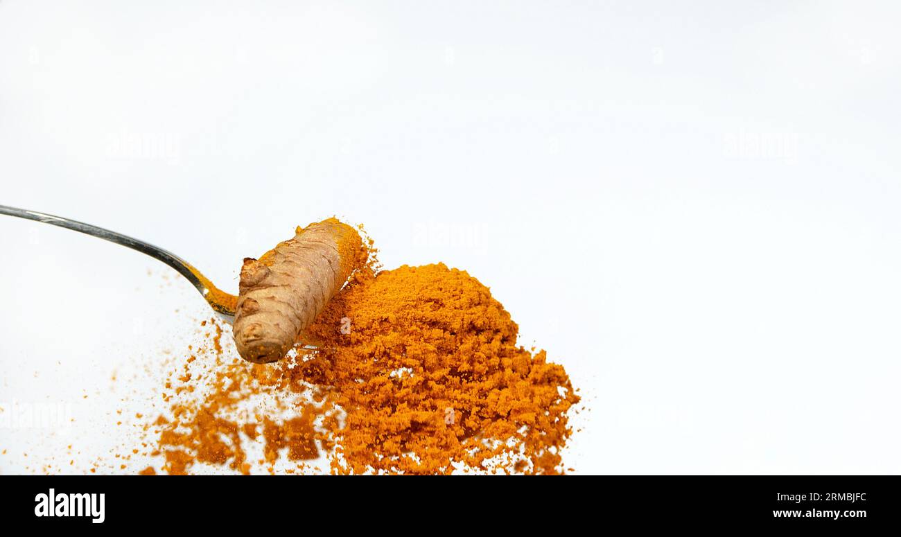 Turmeric, curcuma longa, Root falling on curcuma Powder, Indian Spice ...