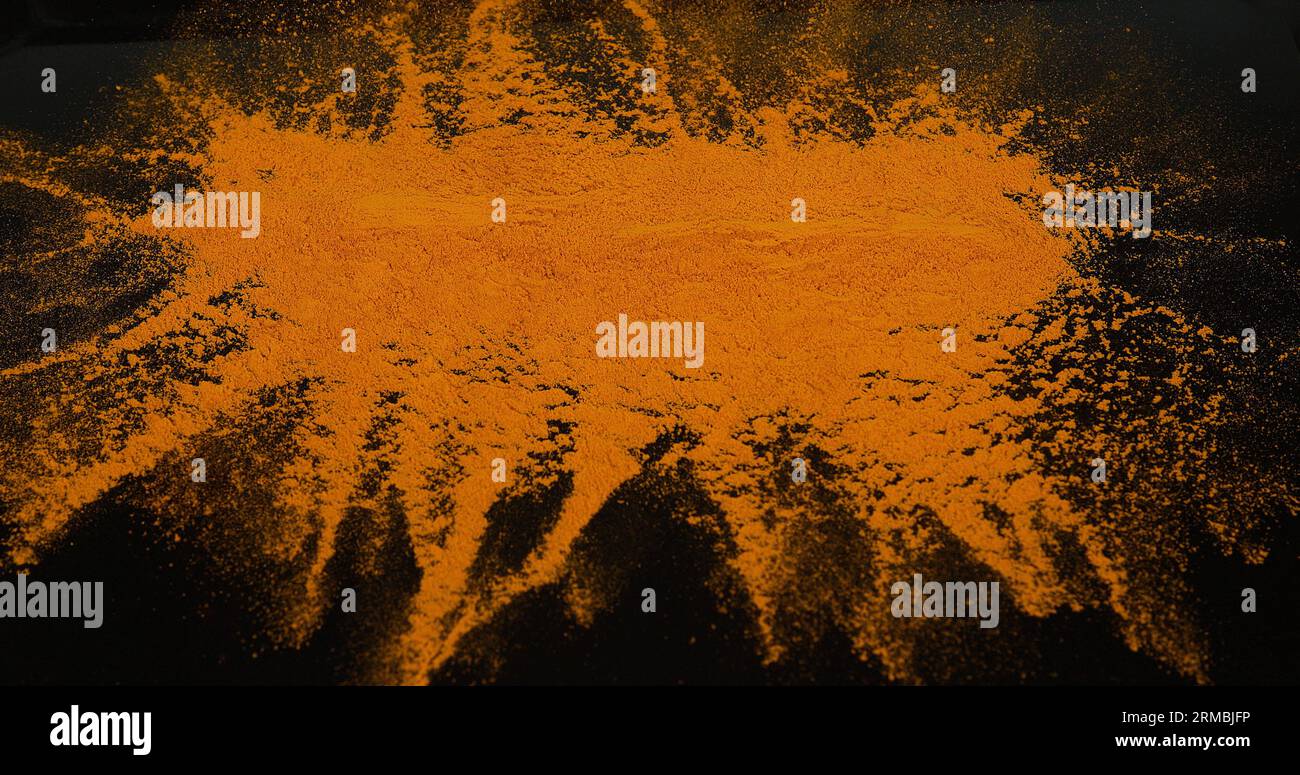 Turmeric, curcuma longa, Powder falling against Black Background ...