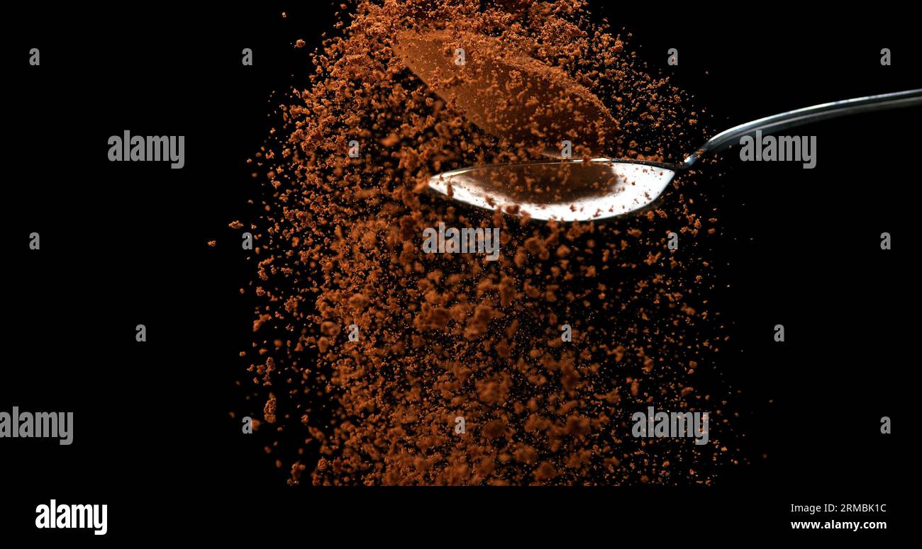 Nutmeg, myristica fragans, Powder falling from Spoon against Black ...