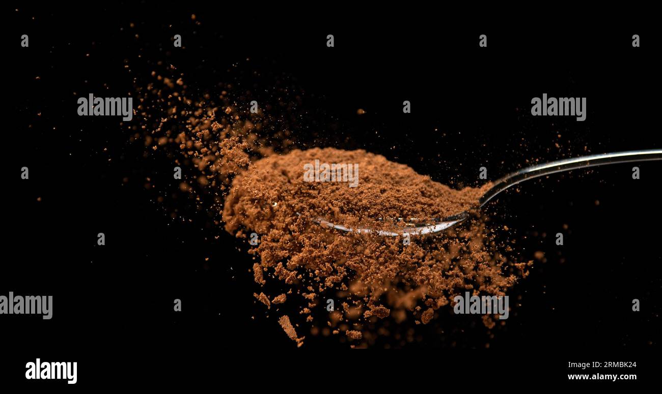 Nutmeg, myristica fragans, Powder falling from Spoon against Black ...