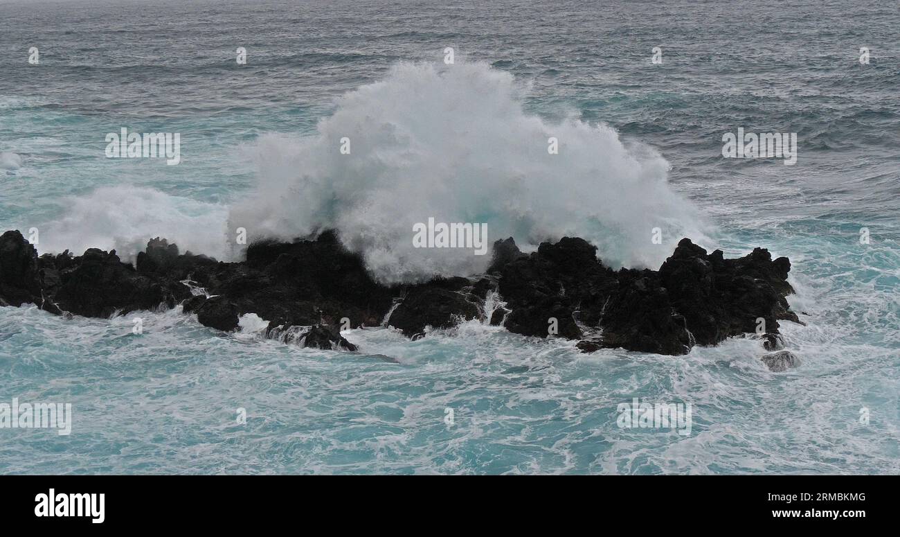 Wave crash into rock coastline, Atlantic Ocean, Porto Moniz, Madeira ...