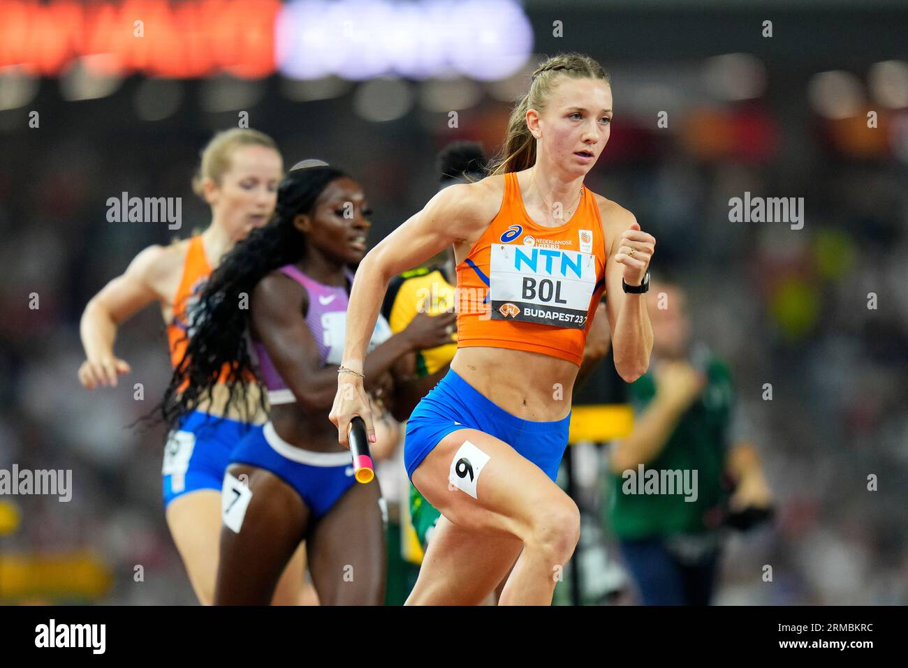 Femke Bol of the Netherlands starts the anchor leg on her way to the ...