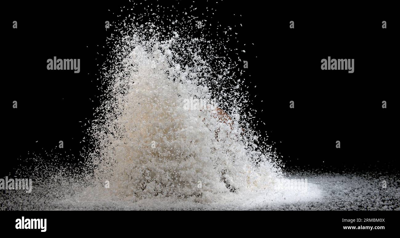 Coconut, cocos nucifera, Powder falling against Black Background Stock ...