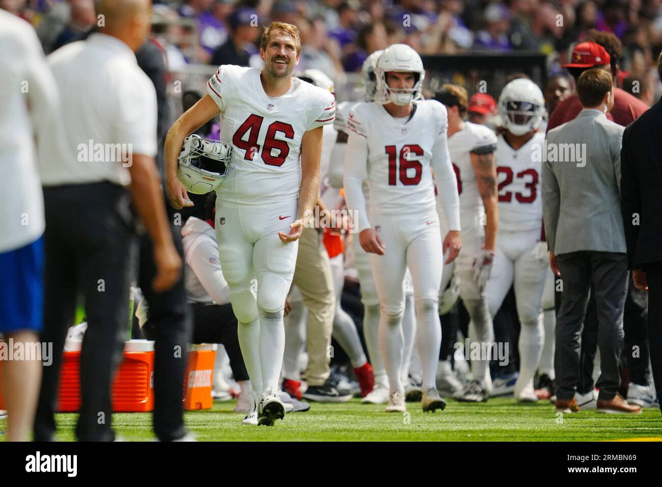 Arizona Cardinals long snapper Aaron Brewer (46) stands on the sideline ...