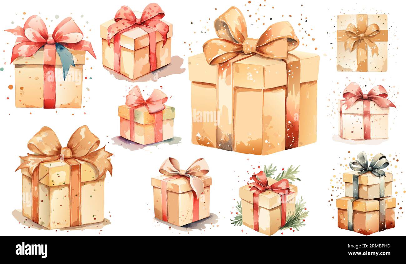Set of vector watercolor gift boxes. Bright colorful hand drawn objects ...