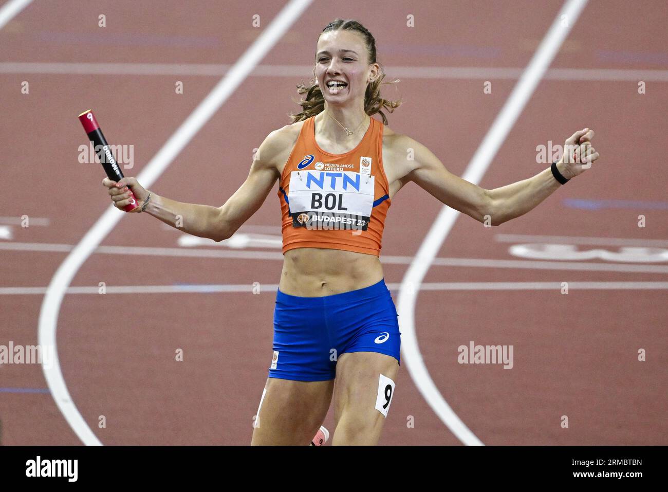 Budapest, Hungary. 27th Aug, 2023. Dutch Femke Bol celebrates after ...