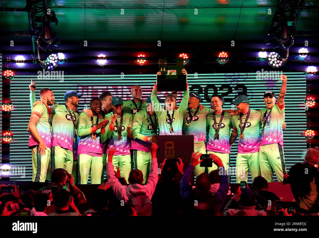 Oval Invincibles' Sam Billings lifts the trophy as he celebrates ...