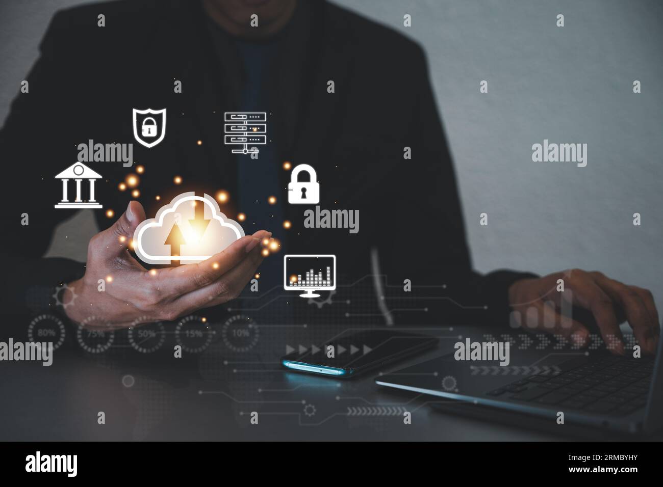 Virtual screen with cloud computing diagram displayed by a man Stock ...