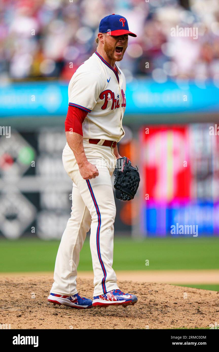 Philadelphia Phillies relief pitcher Craig Kimbrel reacts to the final ...