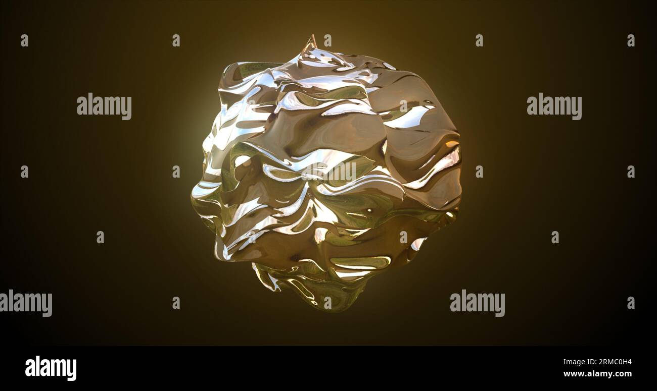 Morphing of a golden yellow metal sphere, a ball of molten fluid ...