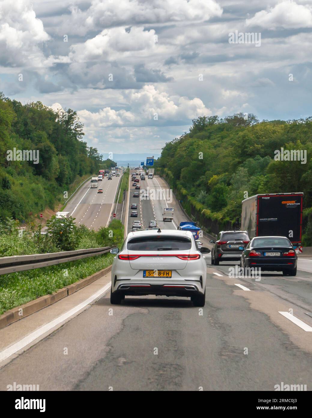 Germany- August 01, 2023: Vertical view of the traffic on Motorway A3 ...
