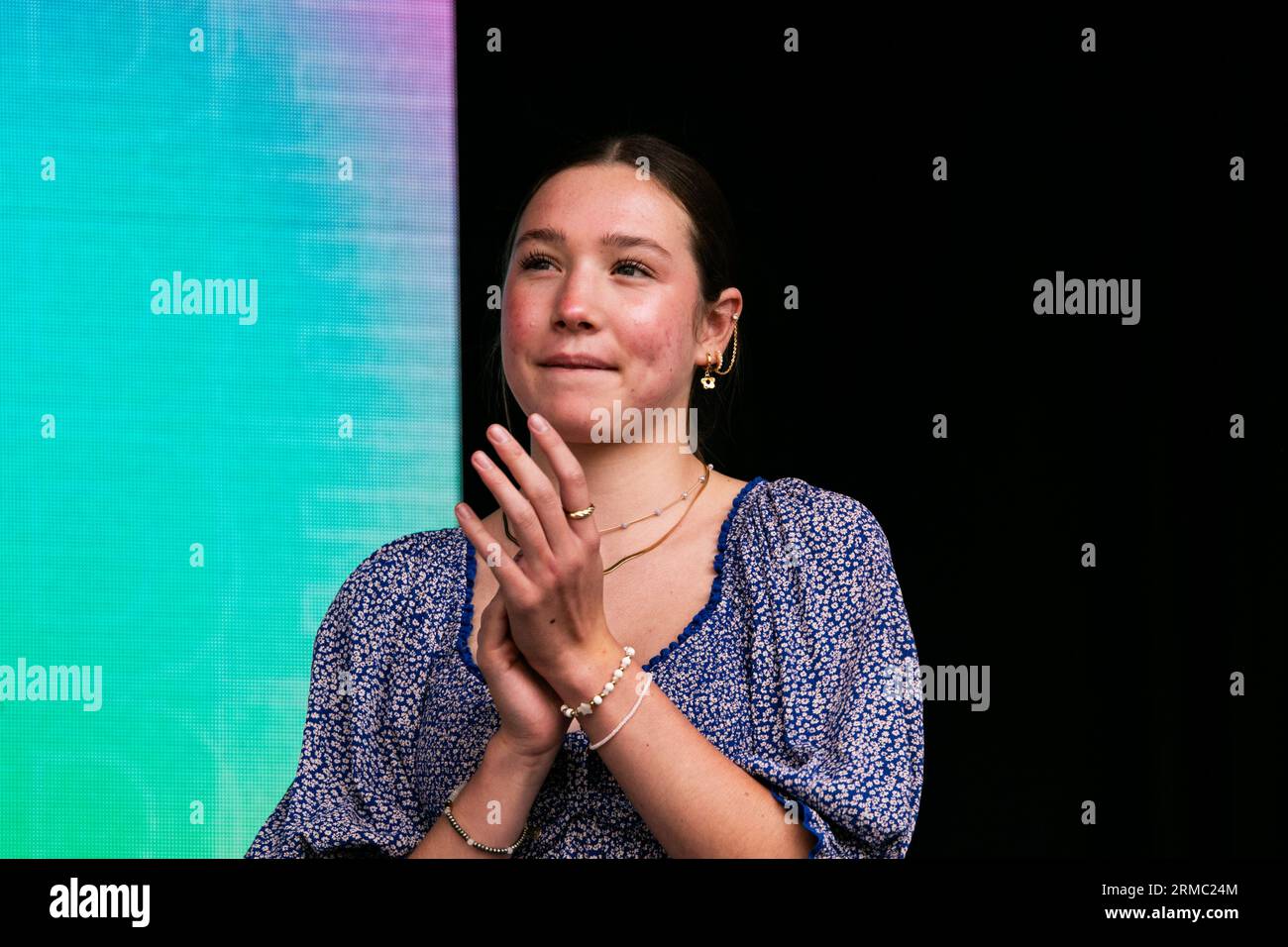 Edmonton, Canada. 26th Aug, 2023. Ella-Grace Trudeau watches as her ...