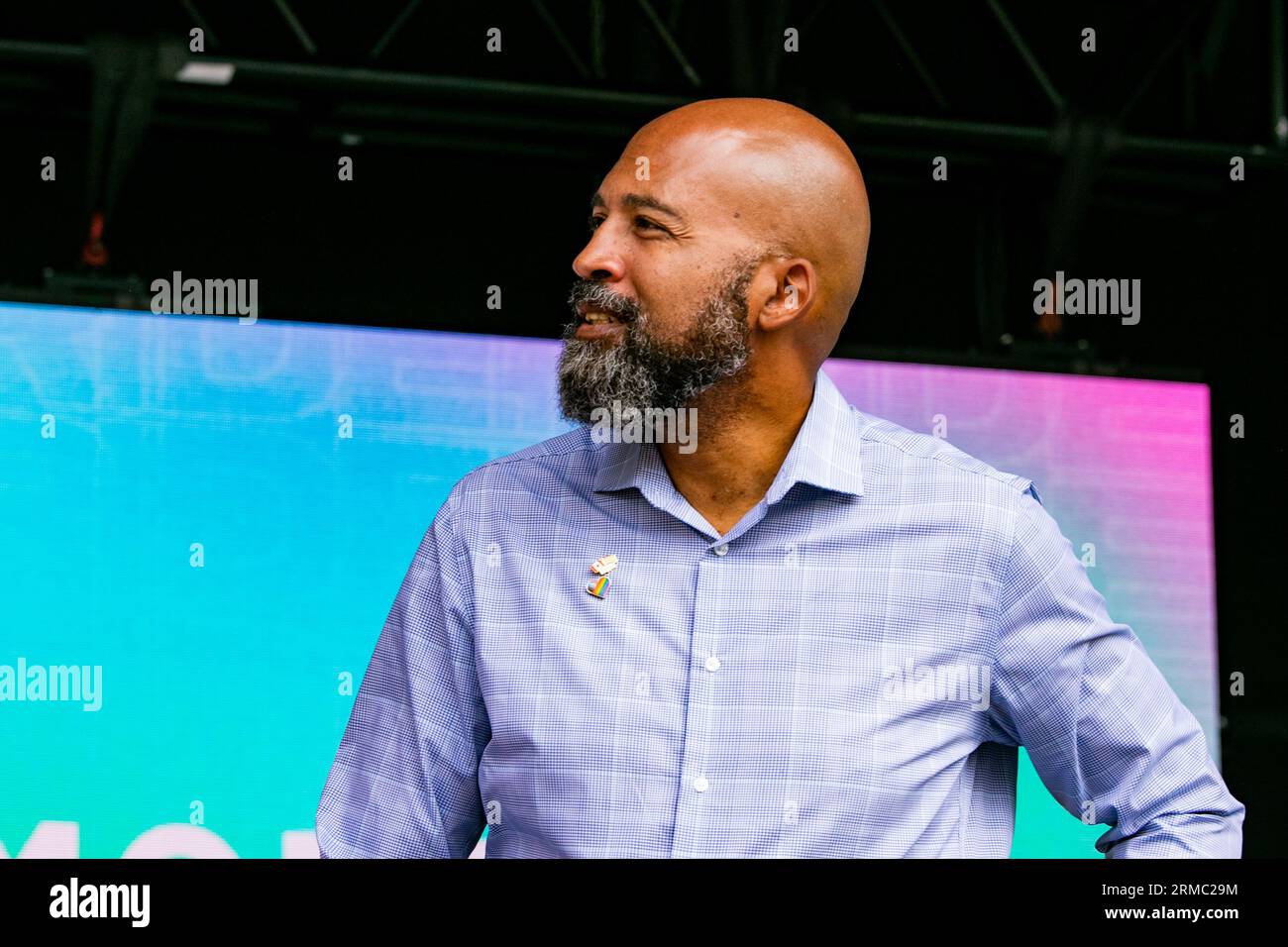 Edmonton, Canada. 26th Aug, 2023. NDP MLA David Shepherd addresses the ...