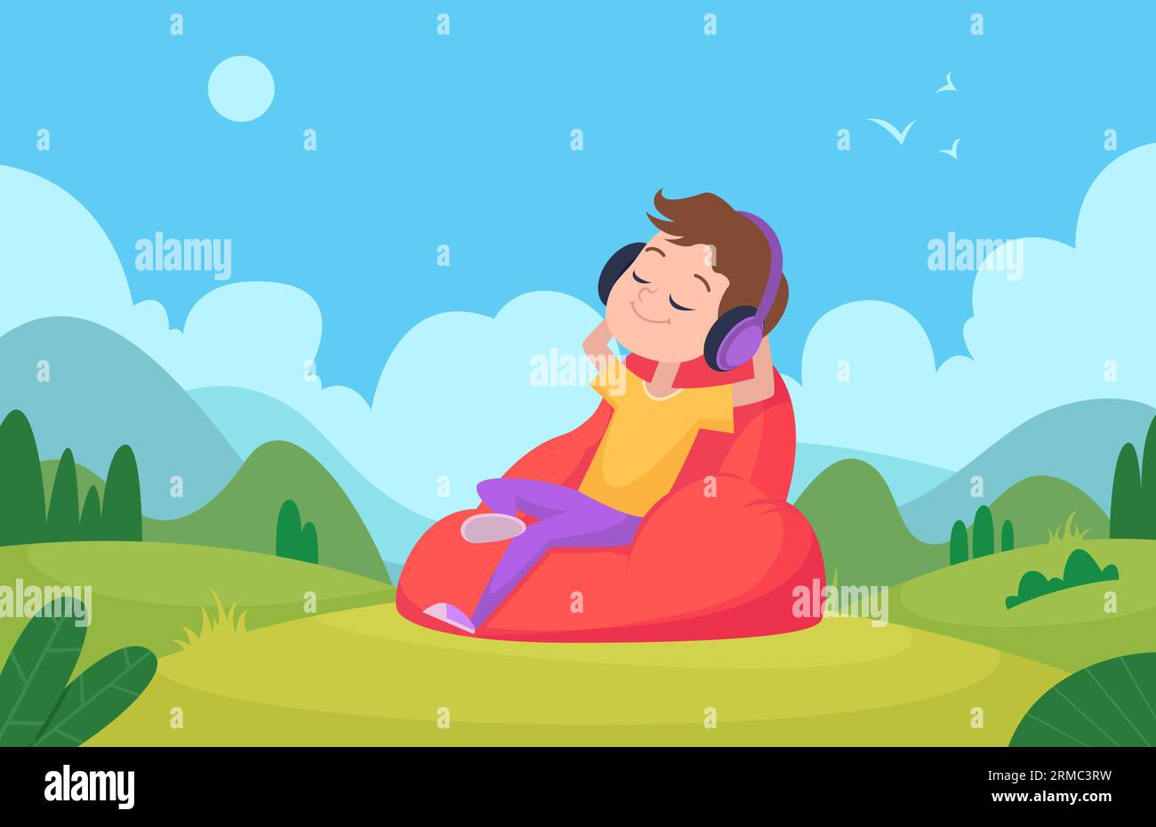 Boy listen music. relax time outdoor on cozy sitting place. Vector ...