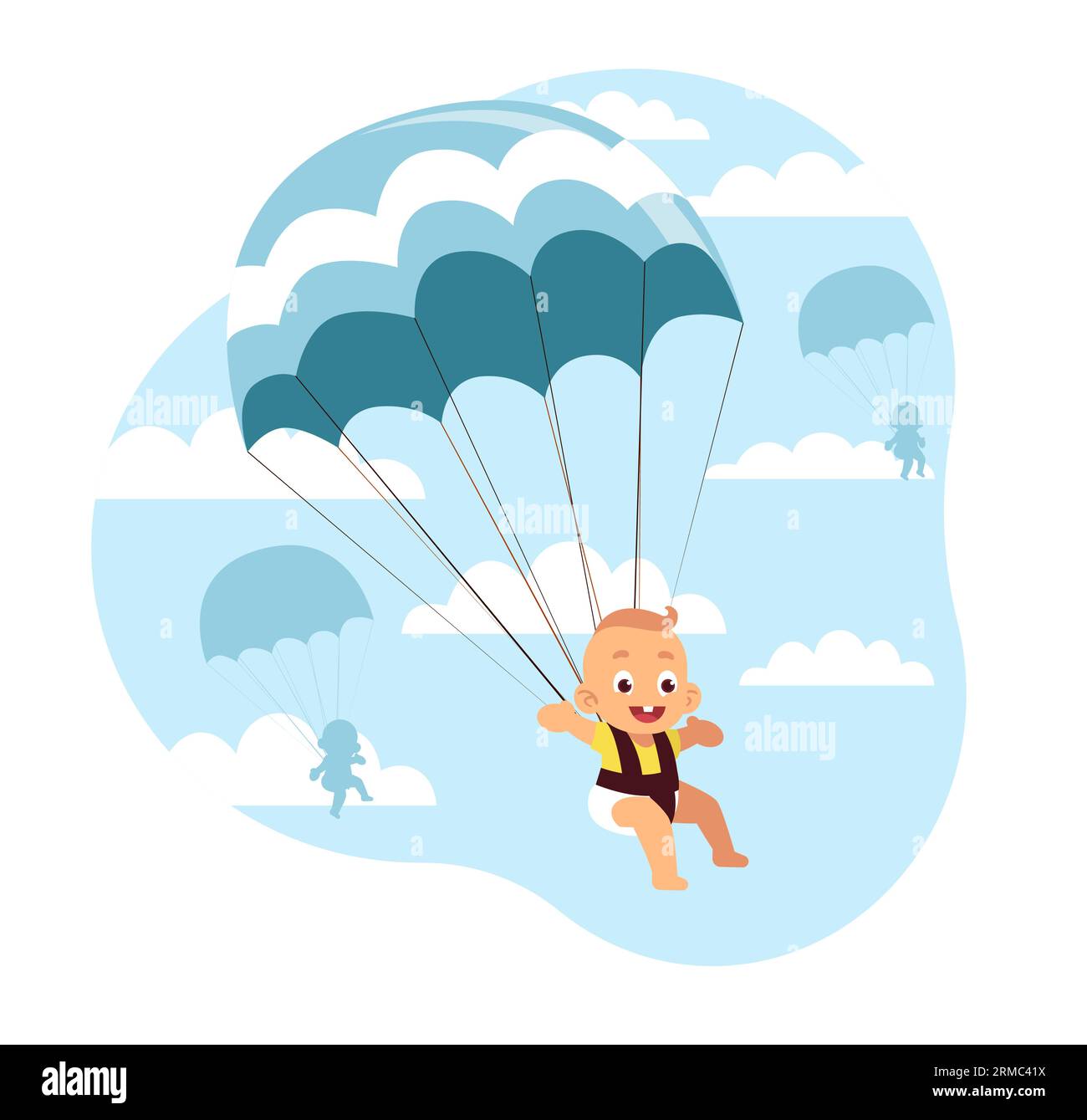 Baby birth concept, little boys and girls descend from sky by parachute ...