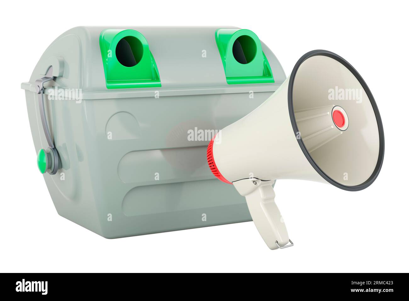 Gray garbage container with megaphone. 3D rendering isolated on white ...