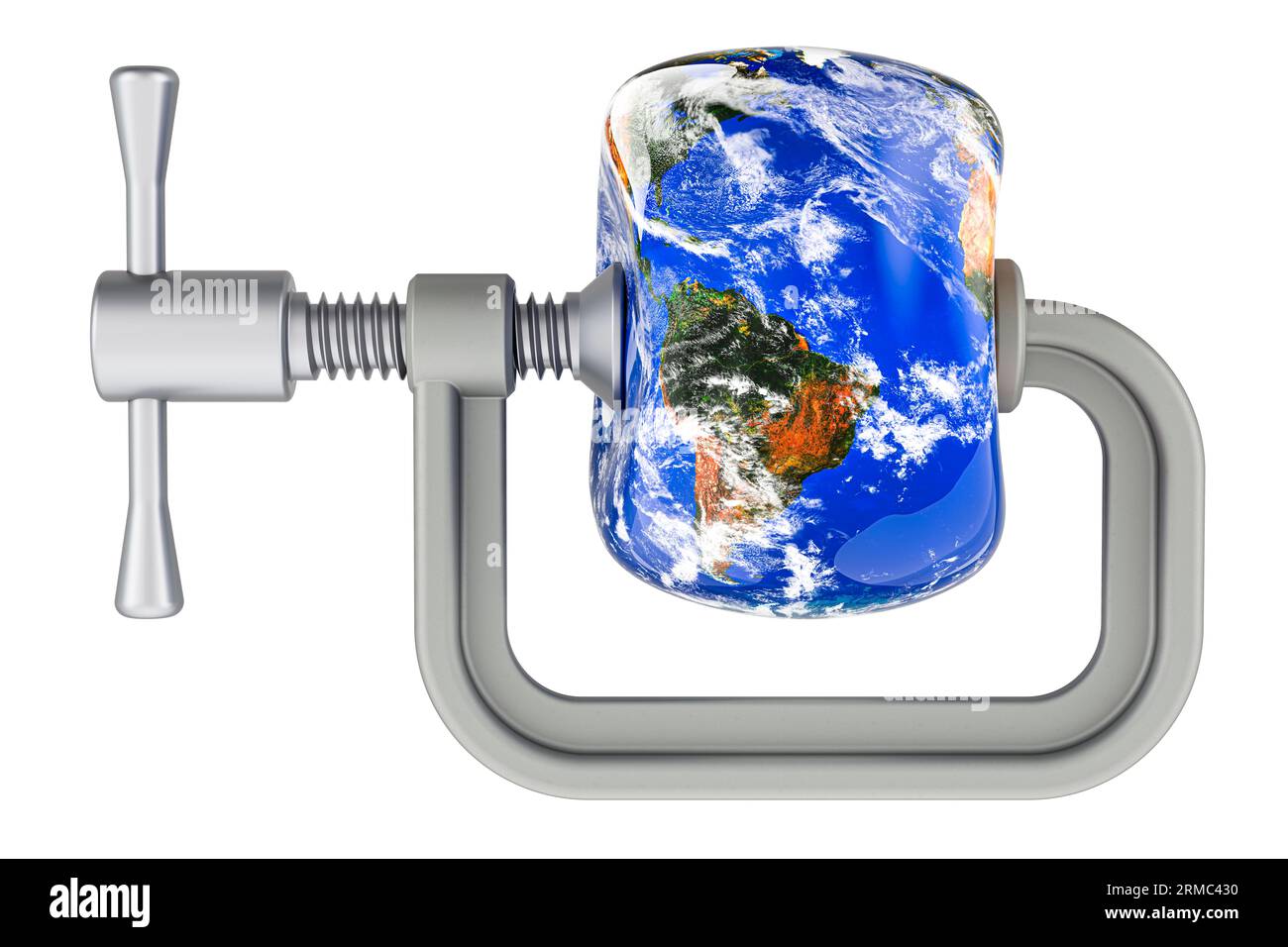 Earth Globe squeezed in a clamp concept, 3D rendering isolated on white ...