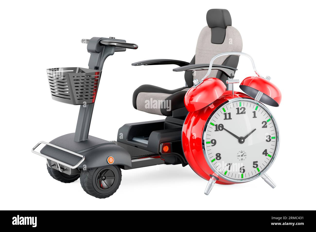 Powered mobility scooter with alarm clock, 3D rendering isolated on ...