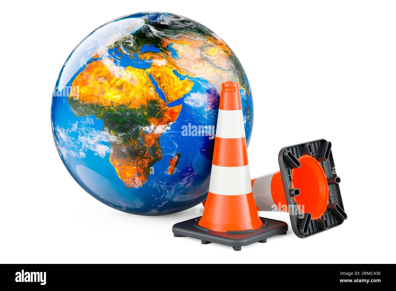 Earth Globe with safety cones, 3D rendering isolated on white ...