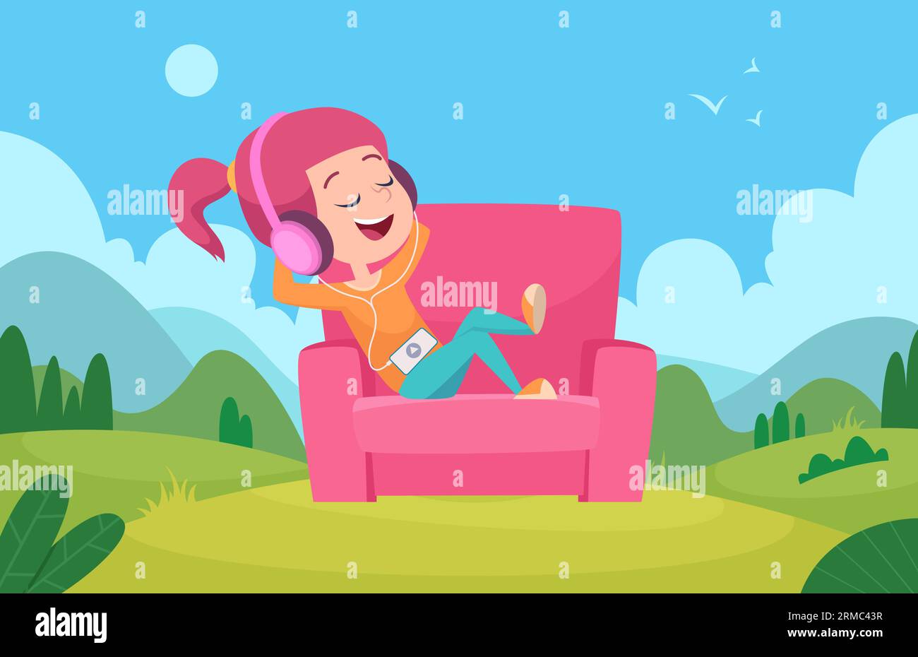 Girl listen music. happy female characters outdoor listen with headset ...