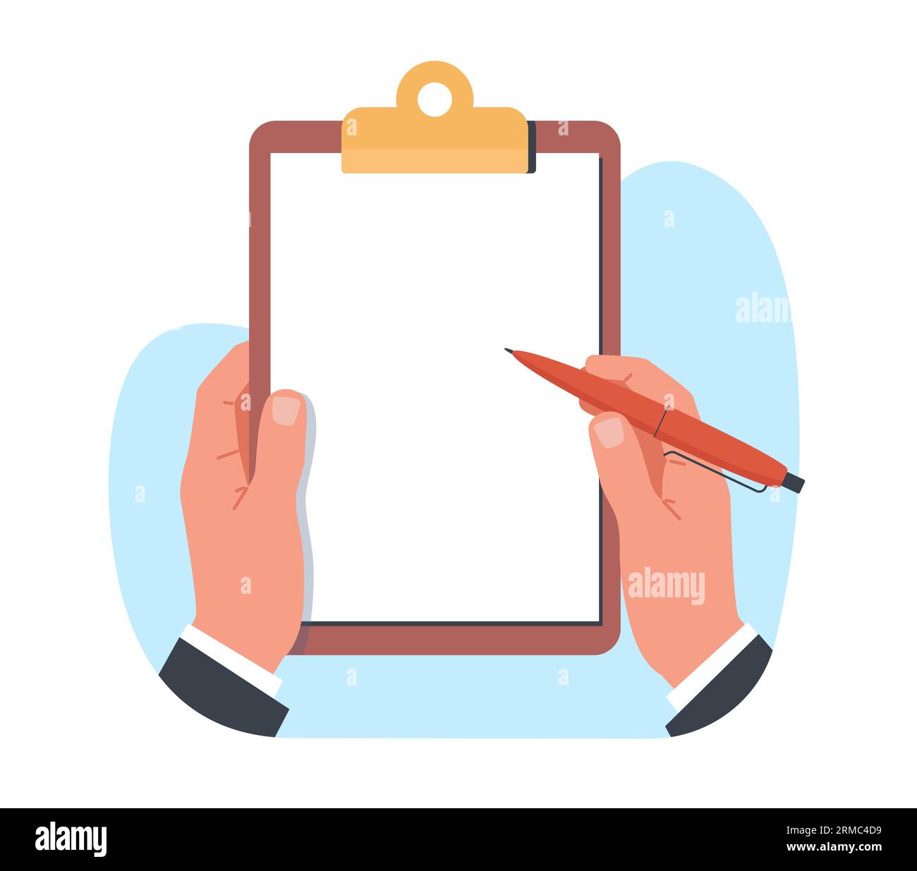 Businessman holds up clipboard with blank form and prepares to make an ...