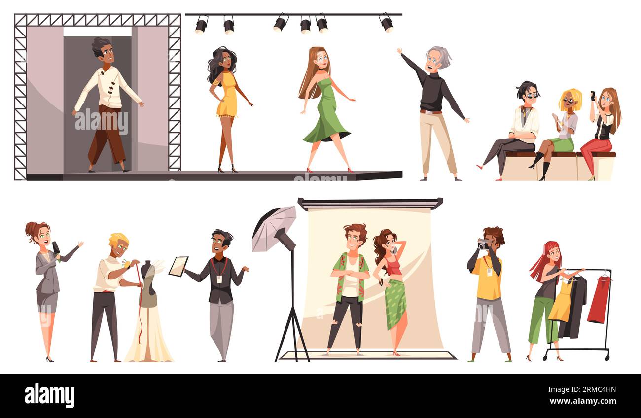 Clothes design and fashion show. Cartoon models defile catwalk, viewers ...