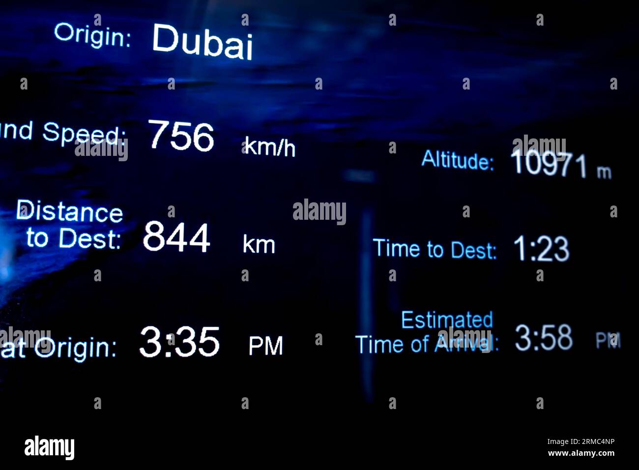 Personal television, PTV in front of an airplane seat showing flight info FlyDubai airplane ...