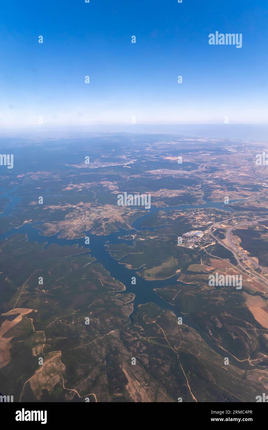 Istanbul Turkey hilly area out of airplane window, aerial view from an ...