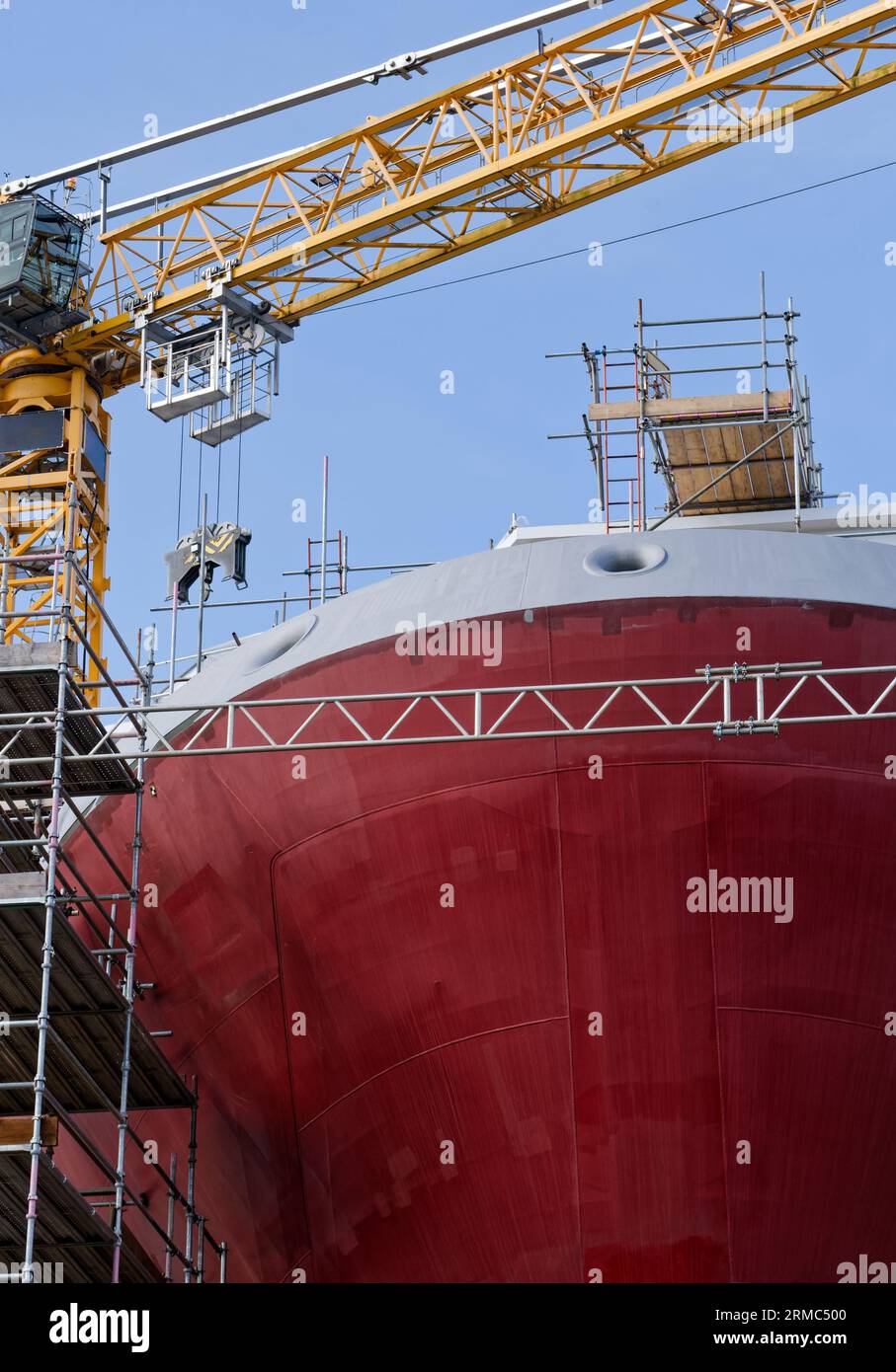 New ferry in construction using crane and scaffolding at Port Glasgow ...